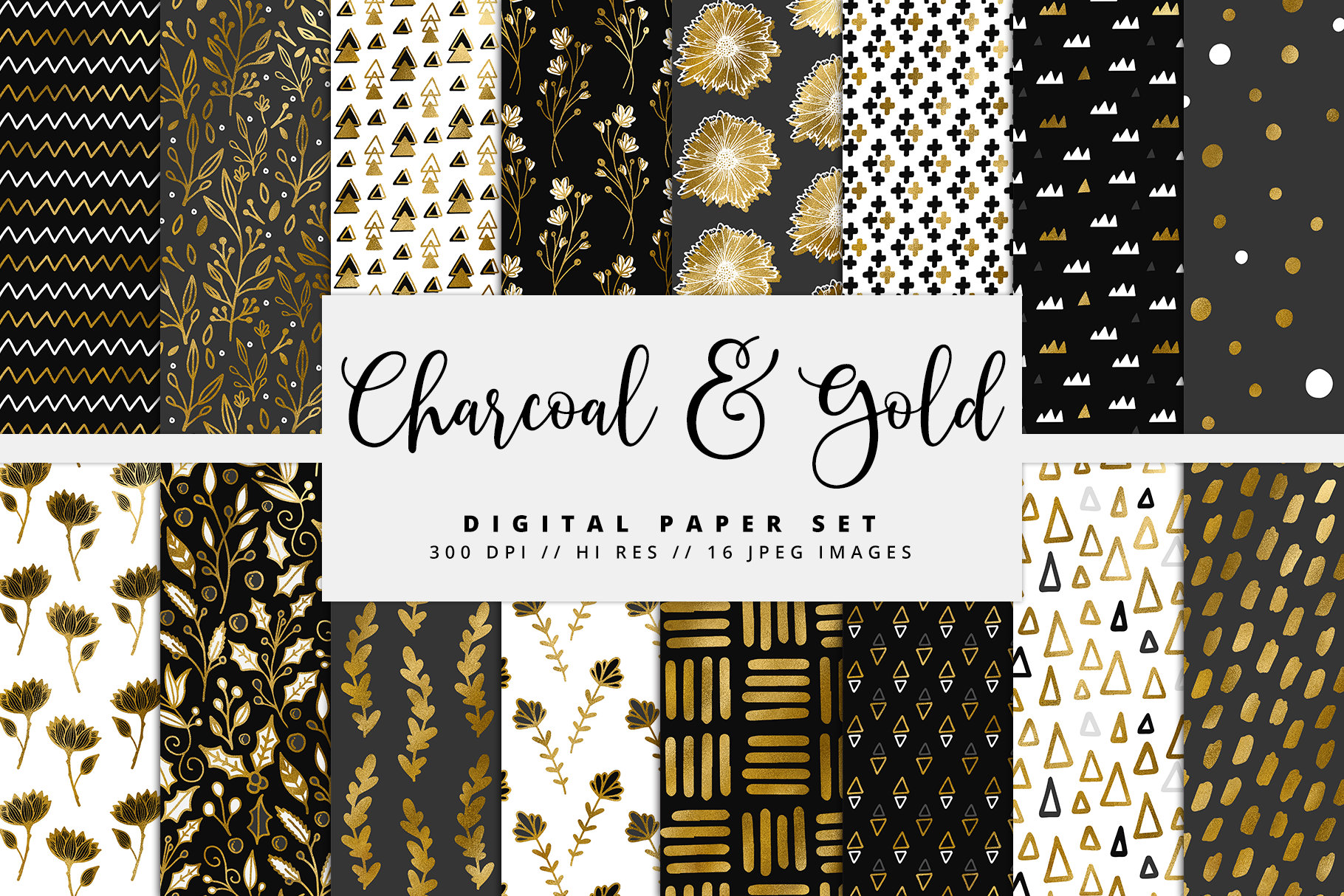 Black & Gold Foil Digital Paper Gold Foil Textures Floral | Etsy