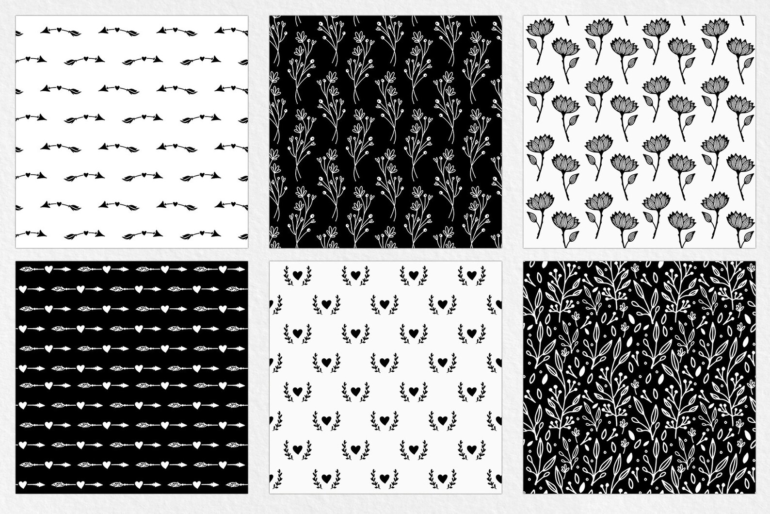 Black & White Valentine's Day Digital Paper, Valentine, Hearts, Floral ...