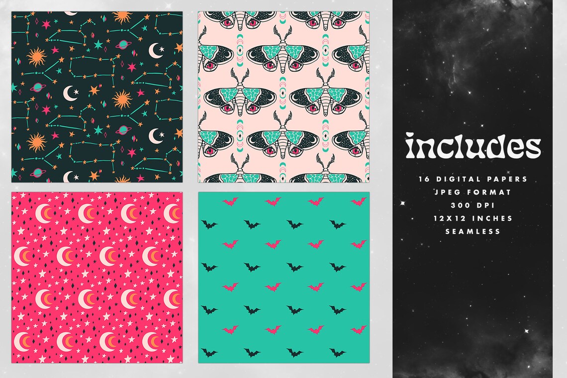 Magic Witchy Digital Paper, Magic Seamless Textures, Floral Patterns ...