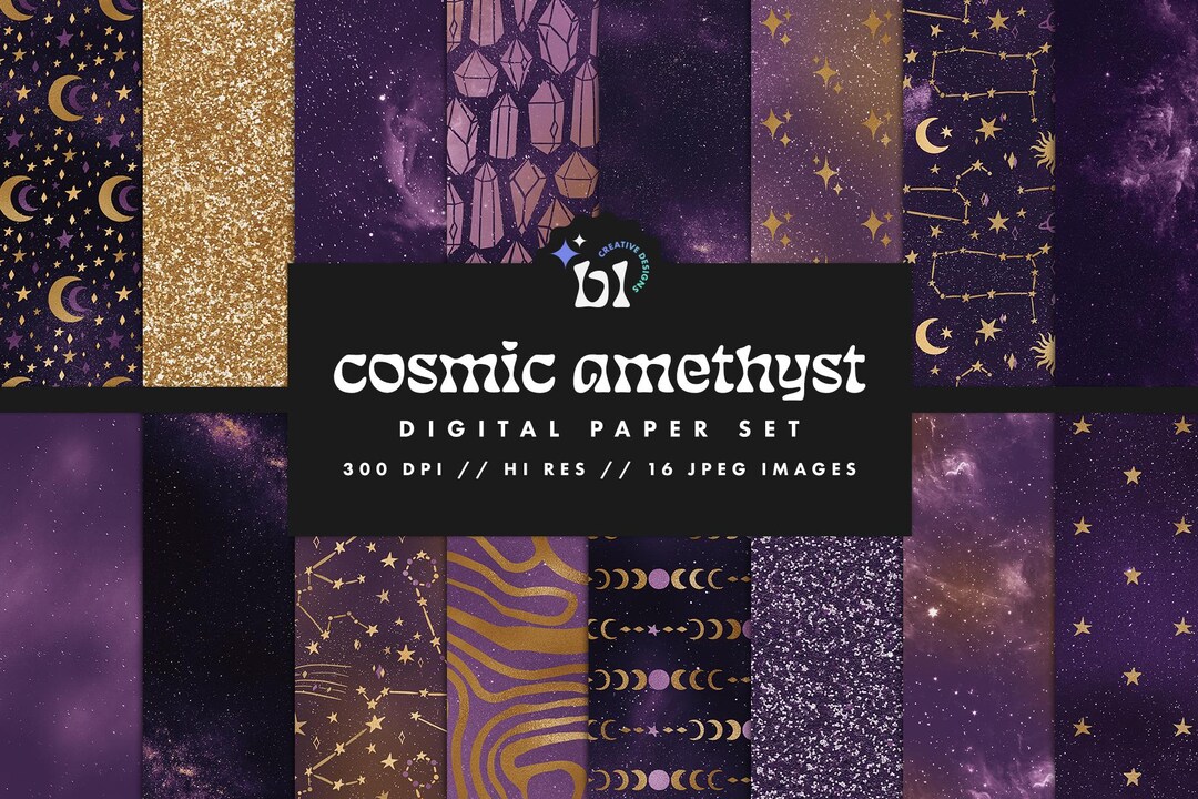 Purple Galaxy Digital Paper, Celestial Star Patterns, Space Scrapbook ...