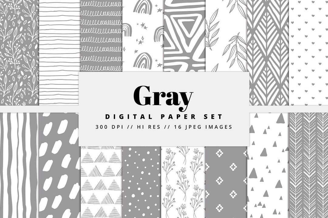 Gray and White Digital Paper, Hand Drawn, Floral, Geometric, Printable ...