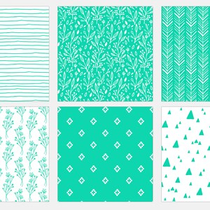 Teal and White Digital Paper, Hand Drawn, Floral, Geometric, Printable ...
