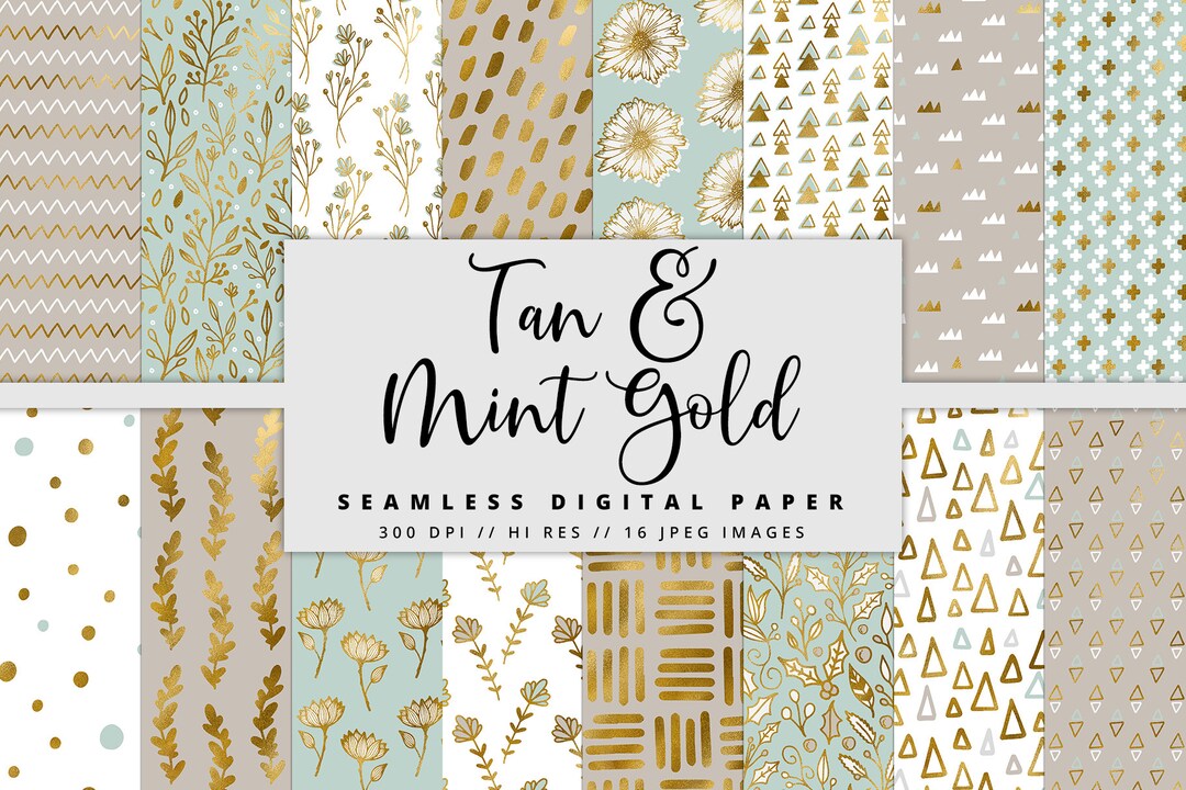 Tan, Mint & Gold Foil Digital Paper, Gold Foil Textures, Floral Digital ...