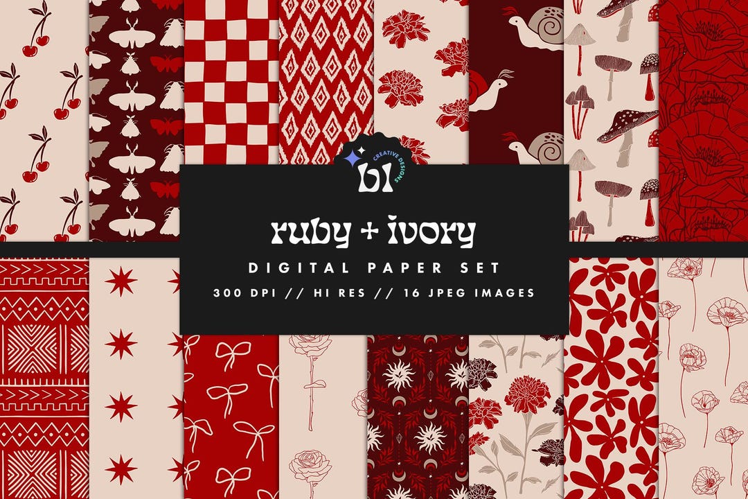 Red and Ivory Digital Paper Set, Seamless Textures, Boho Patterns ...
