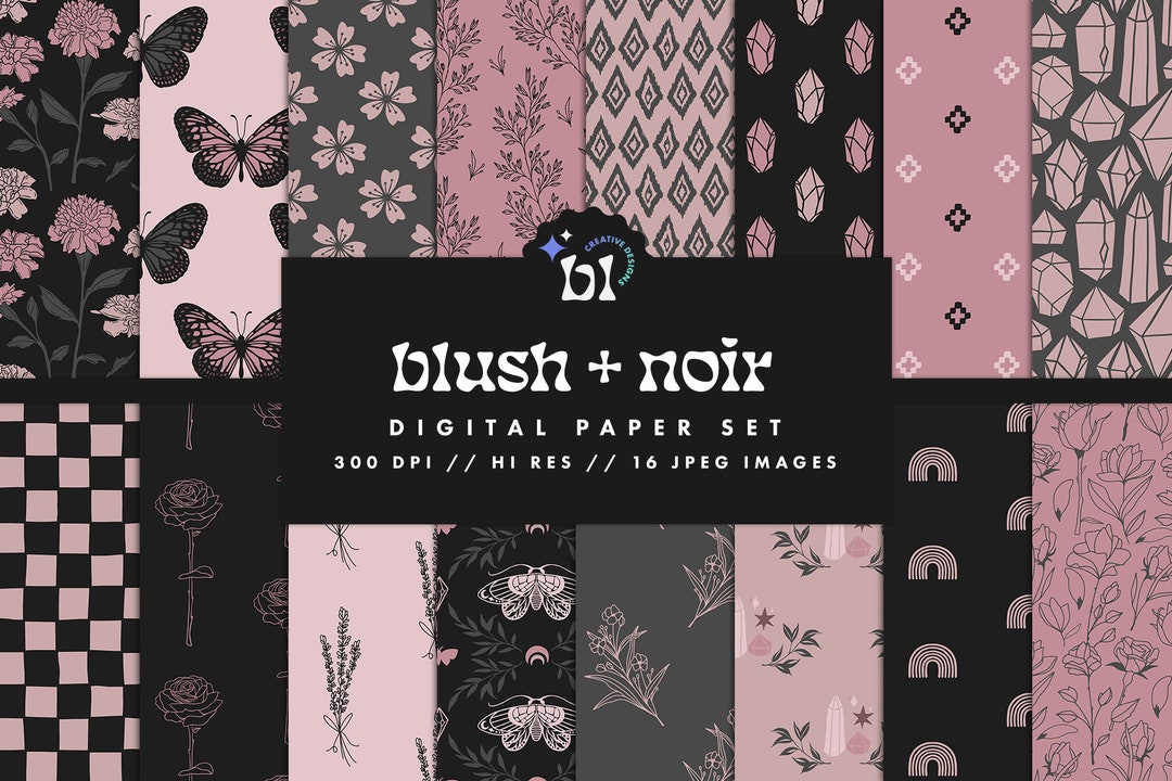 Blush & Noir Digital Paper Set, Seamless Textures, Floral Patterns ...