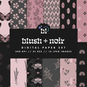 Blush & Noir Digital Paper Set, Seamless Textures, Floral Patterns ...