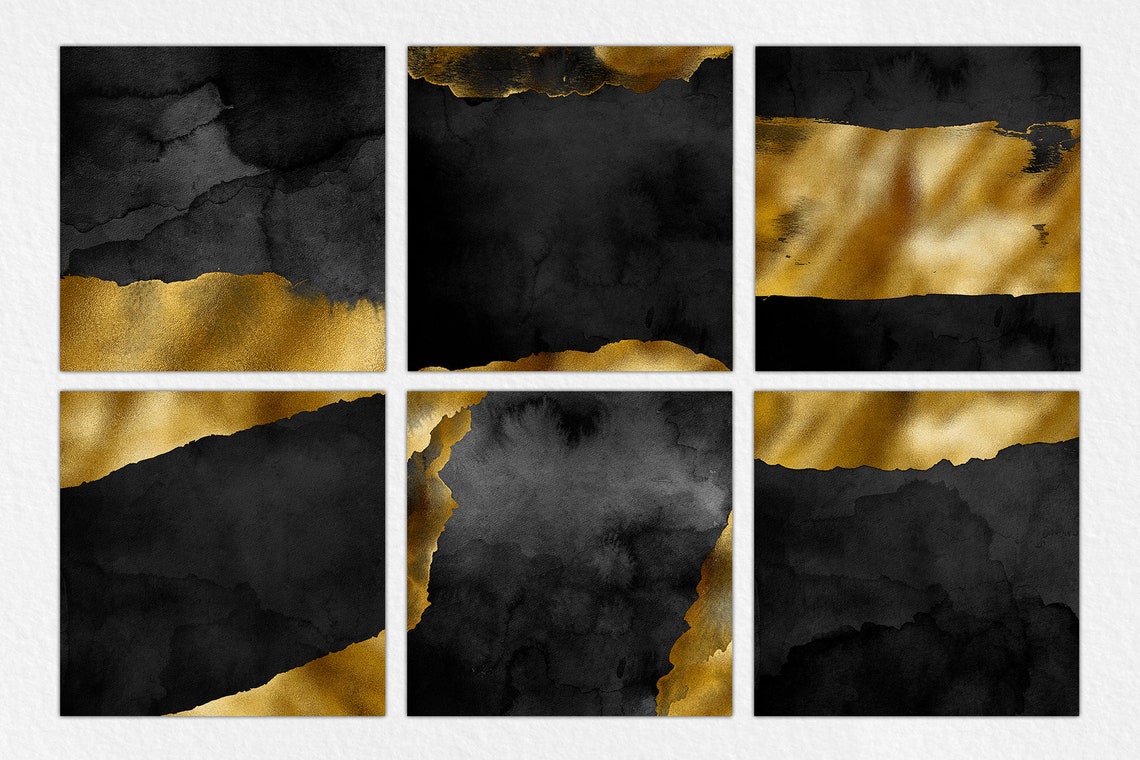 Black and Gold Watercolor Digital Paper, Watercolor Textures ...