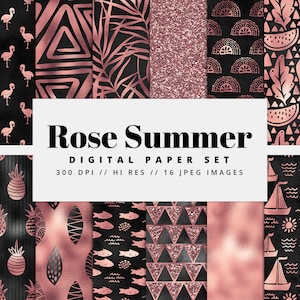 Rose Gold Summer Digital Paper Set, Foil, Seamless Textures, Tropical ...