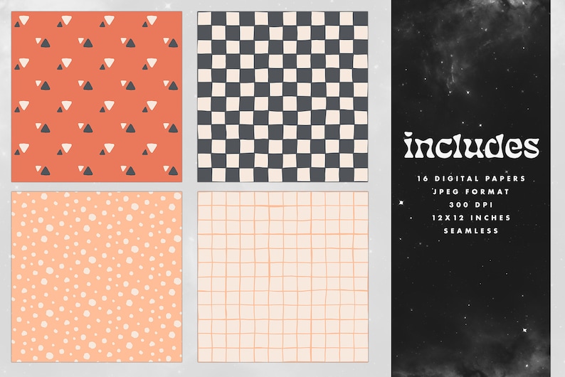 Coral and Gray Digital Paper Set, Retro Seamless Textures, Floral ...