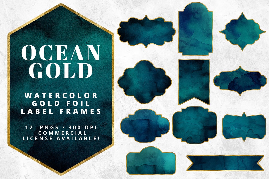Ocean Gold Watercolor Label Frames, Watercolor Clipart, Watercolor ...