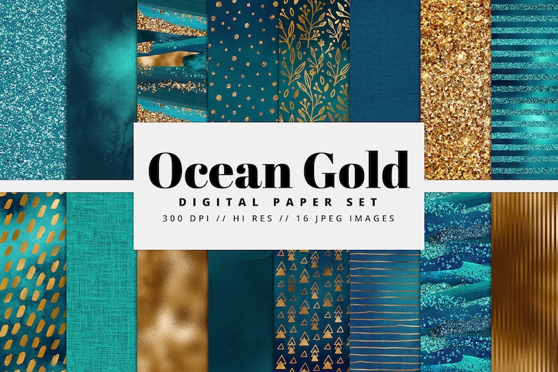 Ocean Gold Foil Digital Paper Seamless Textures Teal | Etsy