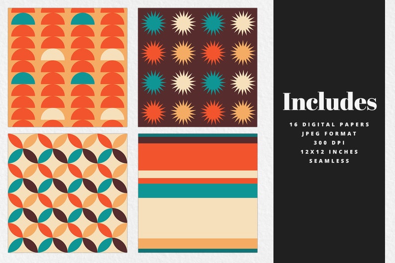 Retro Digital Paper Set, Seamless Textures, 70s Patterns, Vintage ...