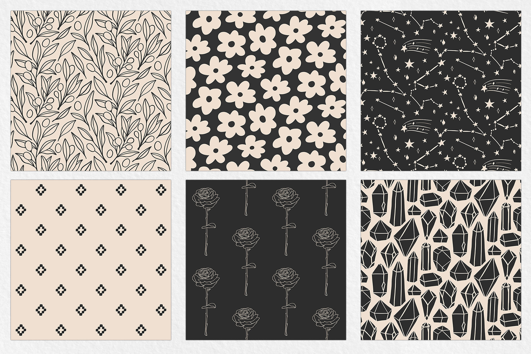 Black and Ivory Digital Paper Set, Seamless Textures, Boho Patterns ...