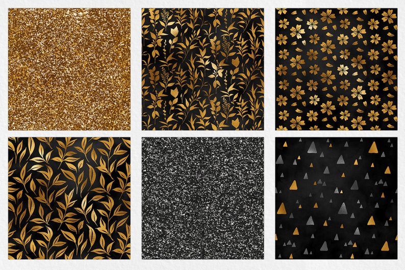 Black and Gold Foil Digital Paper, Seamless Metallic Textures, Elegant ...