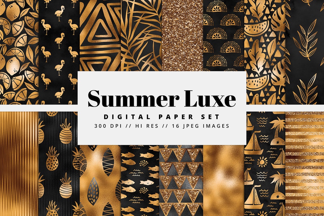 Gold Summer Digital Paper Set, Foil, Seamless Textures, Tropical ...