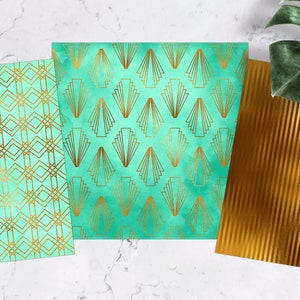 Art Deco Digital Paper, Mint and Gold Deco, Seamless Backgrounds ...