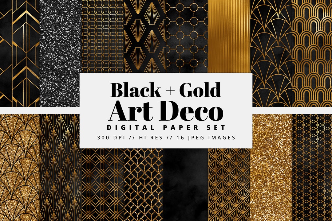 Art Deco Digital Paper, Black & Gold Deco, Seamless Backgrounds ...
