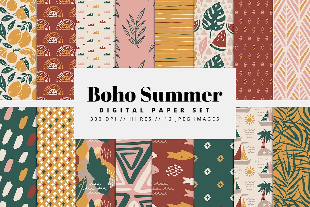 Boho Summer Digital Paper Set, Seamless Textures, Tropical, Summer ...