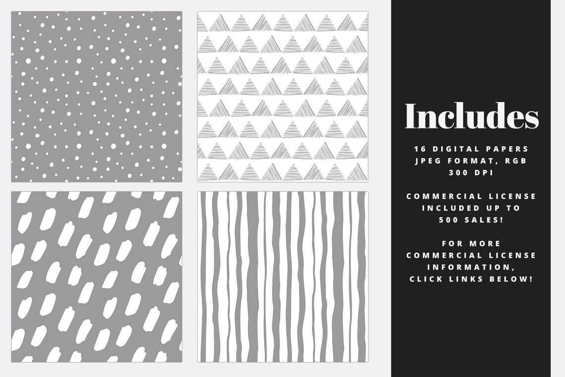 Gray and White Digital Paper, Hand Drawn, Floral, Geometric, Printable ...