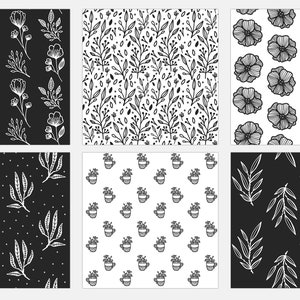 Black and White Floral Digital Paper, Hand-drawn Flowers, Geometric ...
