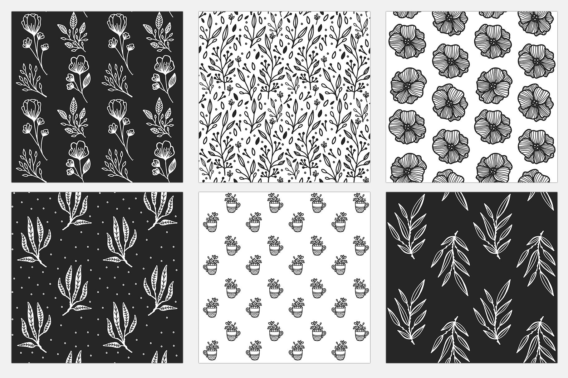Black and White Floral Digital Paper, Hand-drawn Flowers, Geometric ...