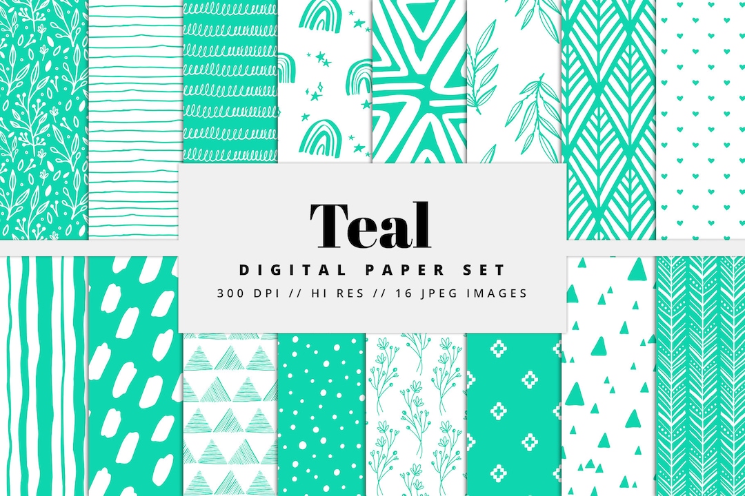 Teal and White Digital Paper, Hand Drawn, Floral, Geometric, Printable ...