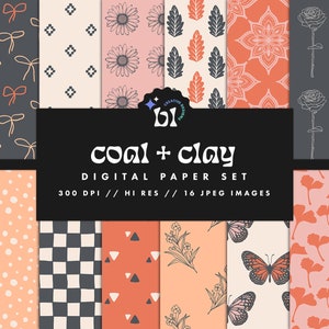 Coral and Gray Digital Paper Set, Retro Seamless Textures, Floral ...