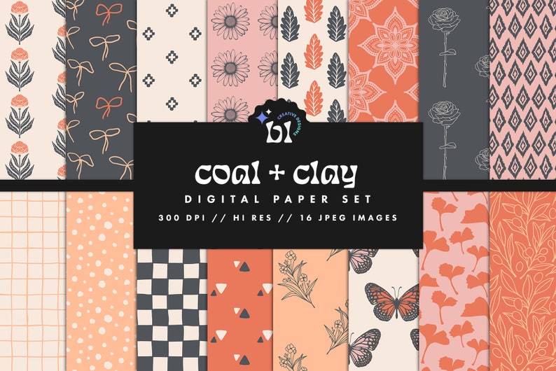Coral and Gray Digital Paper Set, Retro Seamless Textures, Floral ...