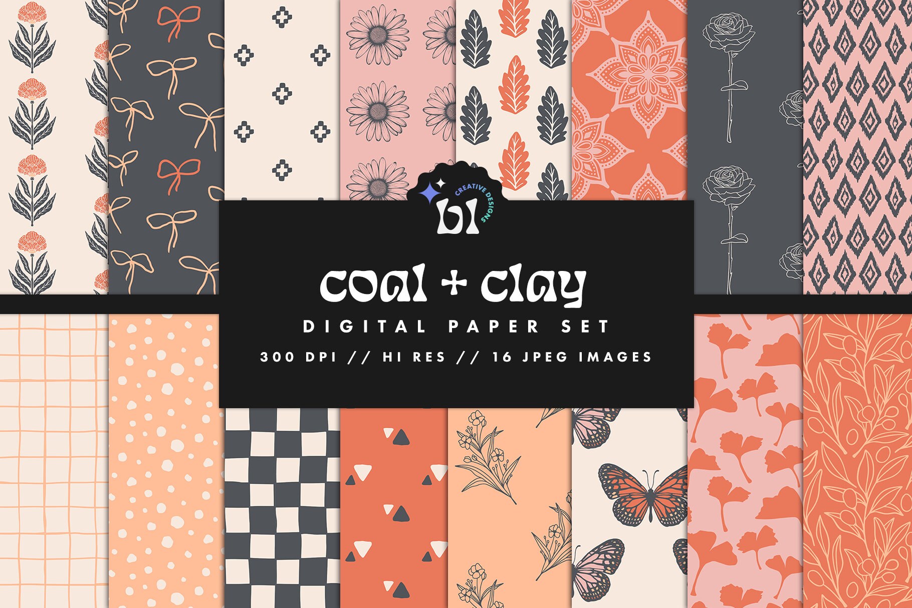 Coral and Gray Digital Paper Set, Retro Seamless Textures, Floral ...