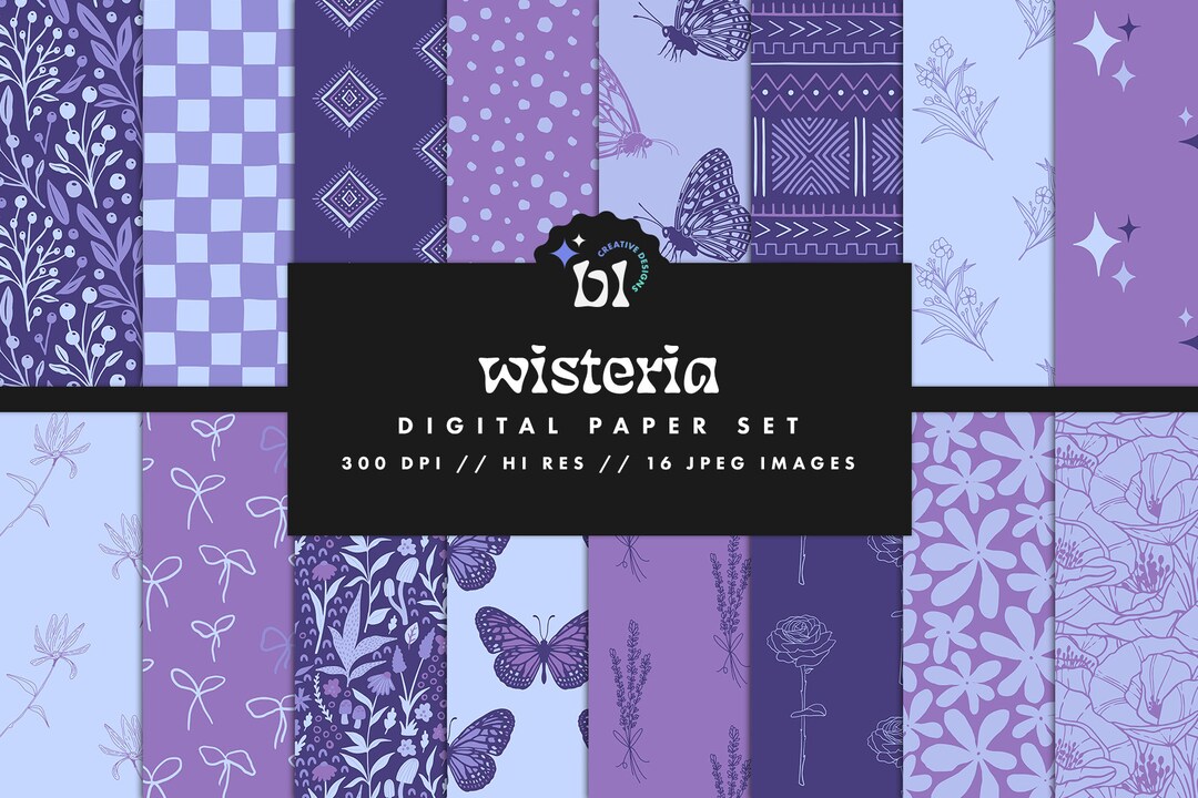 Purple Floral Digital Paper Set, Retro Seamless Textures, Floral ...