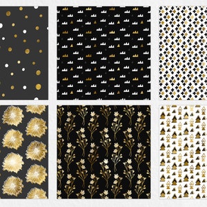 Black & Gold Foil Digital Paper, Gold Foil Textures, Floral Digital ...