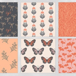 Coral and Gray Digital Paper Set, Retro Seamless Textures, Floral ...