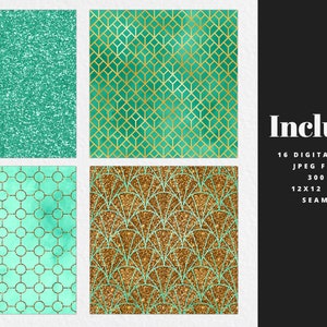 Art Deco Digital Paper, Mint and Gold Deco, Seamless Backgrounds ...