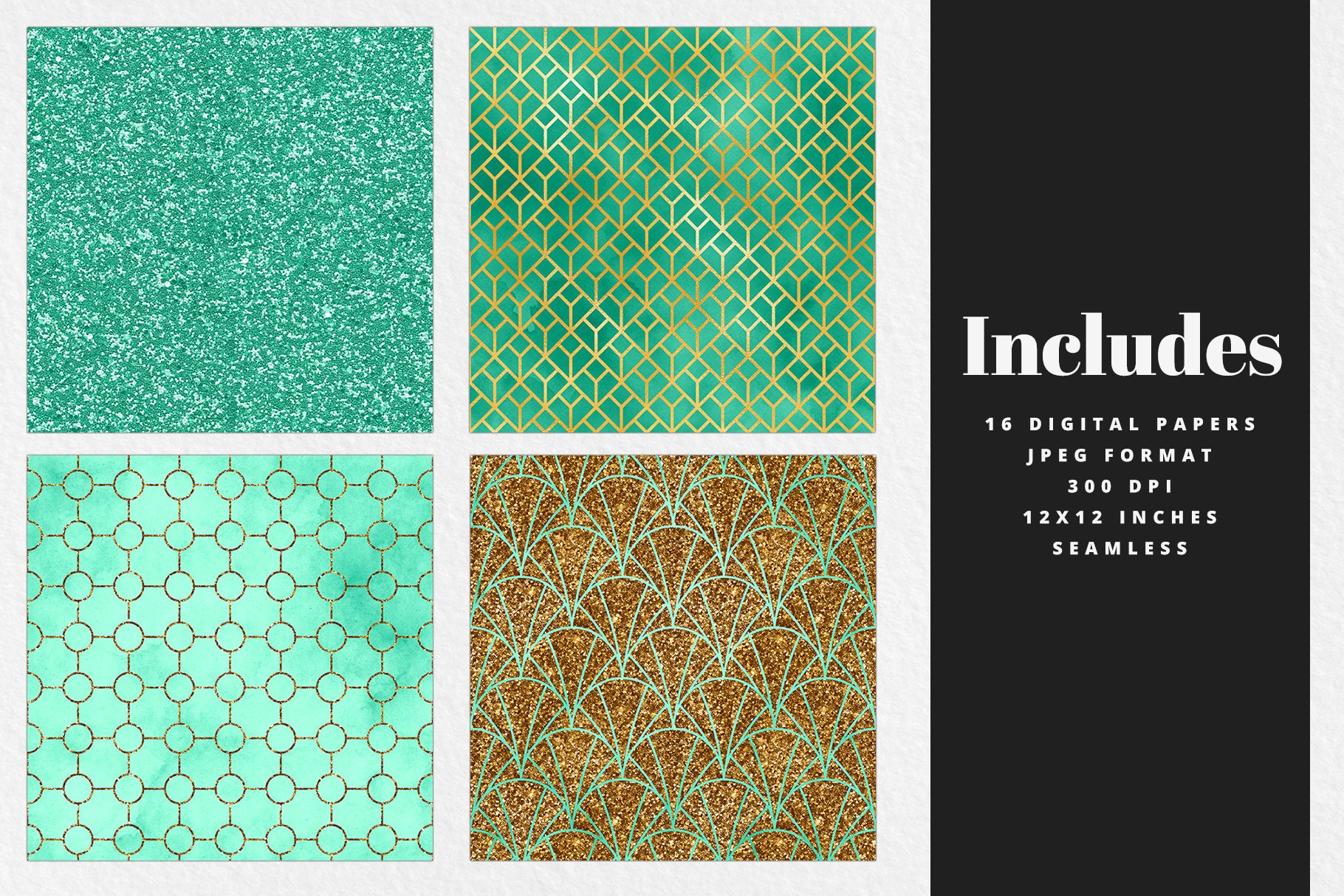 Art Deco Digital Paper Mint and Gold Deco Vintage Patterns | Etsy