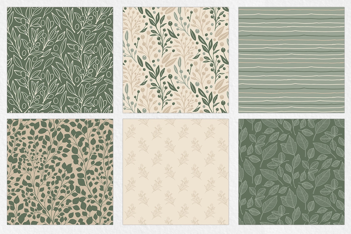 Sage Floral Digital Paper Set, Seamless Textures, Flower Patterns ...