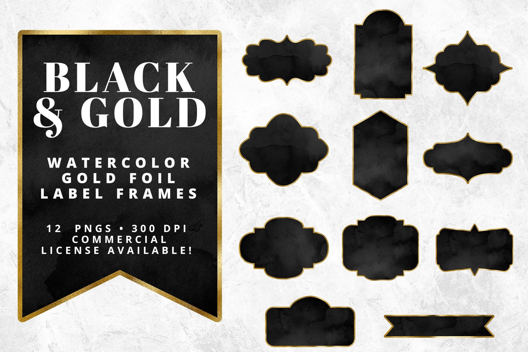 Black and Gold Watercolor Label Frames Watercolor Clipart - Etsy