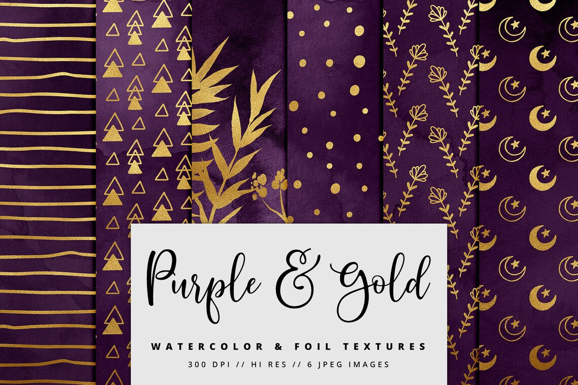 Purple & Gold Foil Watercolor Digital Paper, Watercolor Textures ...