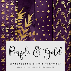 Purple & Gold Foil Watercolor Digital Paper, Watercolor Textures ...