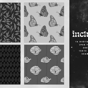 Black Floral Digital Paper Set, Retro Seamless Textures, Floral ...