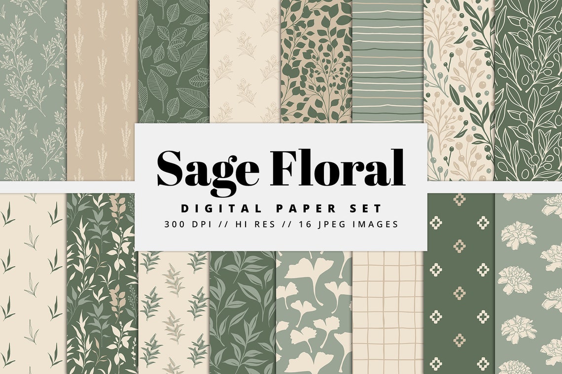 Sage Floral Digital Paper Set, Seamless Textures, Flower Patterns ...