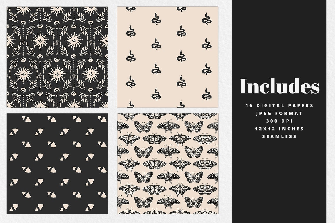 Black and Ivory Digital Paper Set Seamless Textures Boho - Etsy