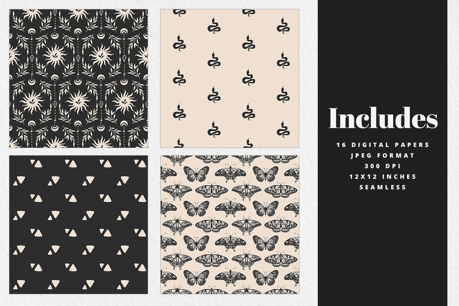 Black and Ivory Digital Paper Set, Seamless Textures, Boho Patterns ...