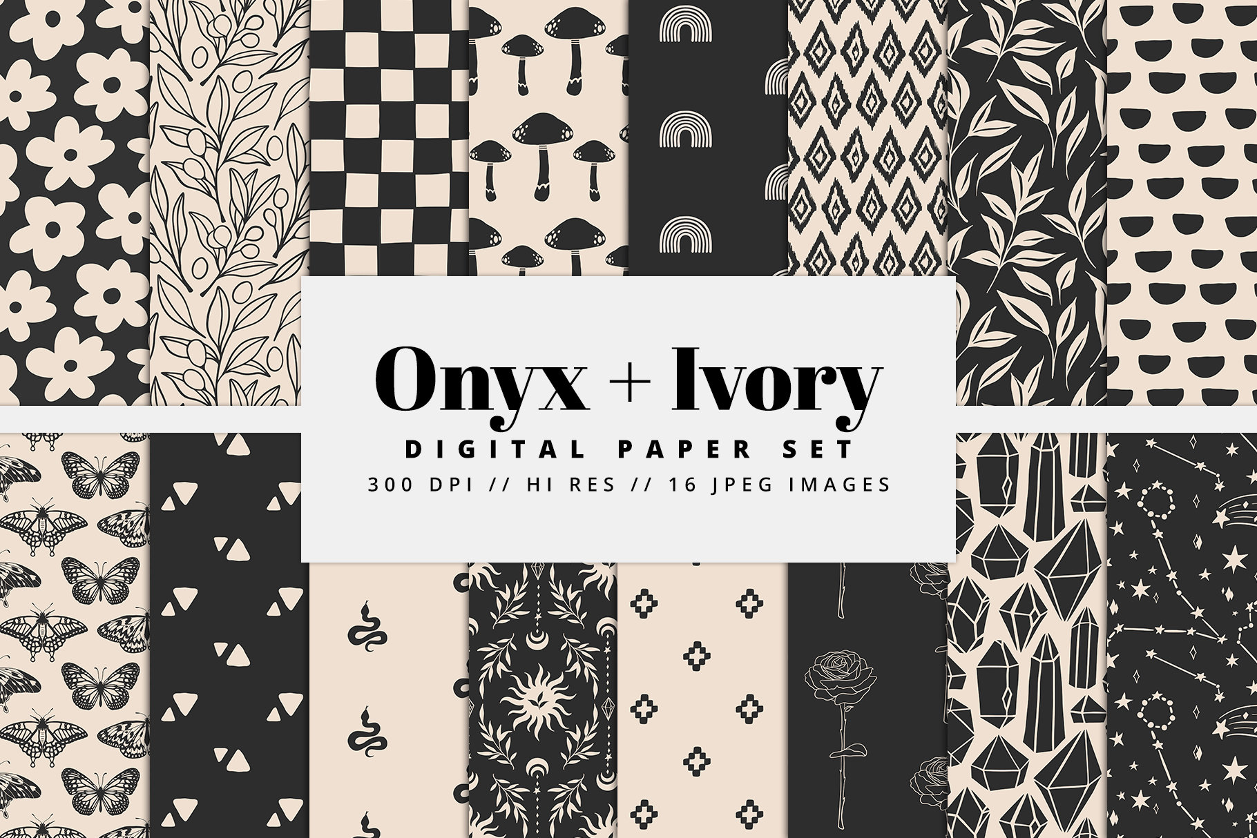 Black and Ivory Digital Paper Set, Seamless Textures, Boho Patterns ...