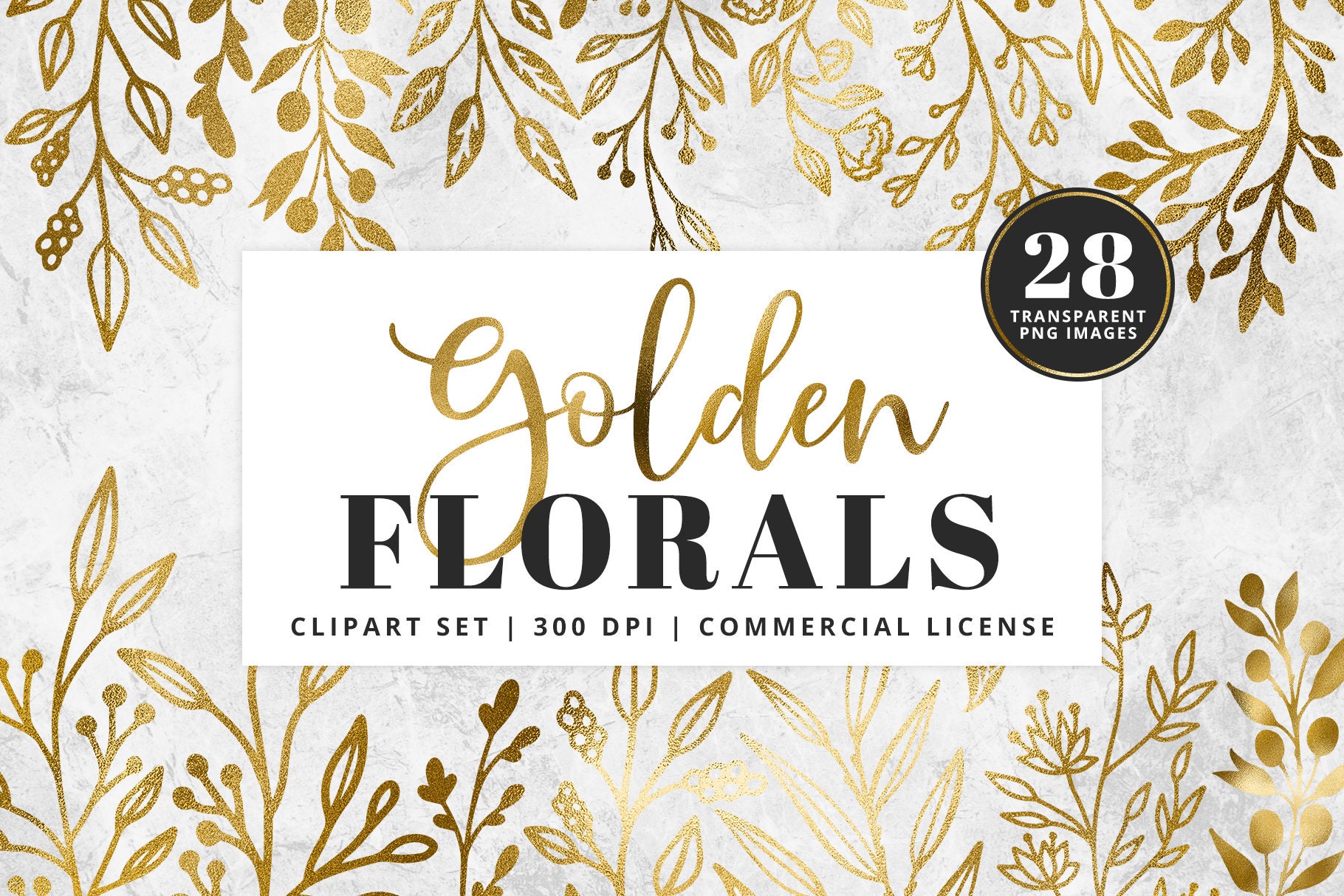 Gold Foil Floral Clipart Set, Faux Foil, Clipart, Floral Illustrations ...