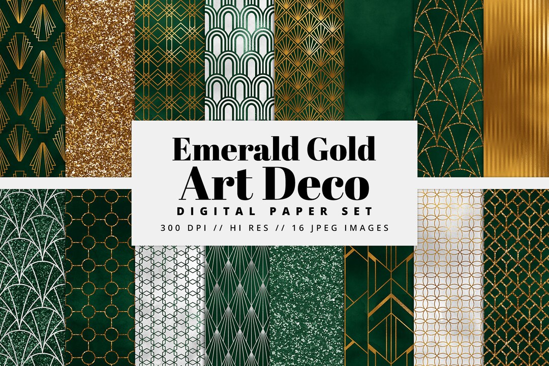 Art Deco Digital Paper, Emerald and Gold Deco, Seamless Backgrounds ...