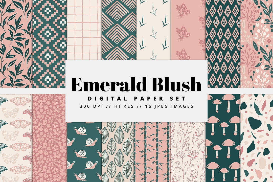 Emerald Blush Digital Paper Set, Seamless Textures, Floral Patterns ...