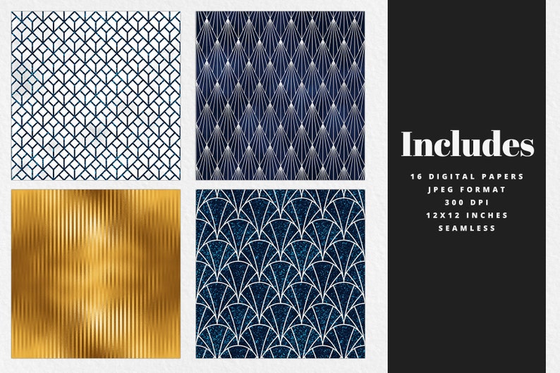 Art Deco Digital Paper Navy and Gold Deco Vintage Patterns | Etsy