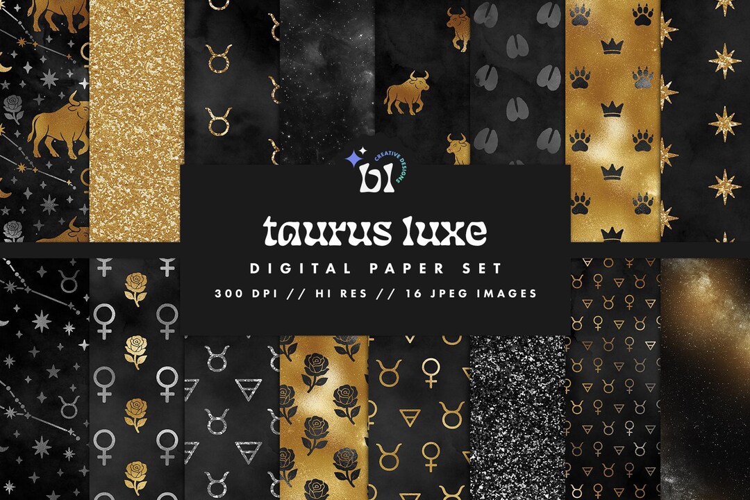 Black & Gold Taurus Digital Paper, Zodiac Pattern, Horoscope Scrapbook ...