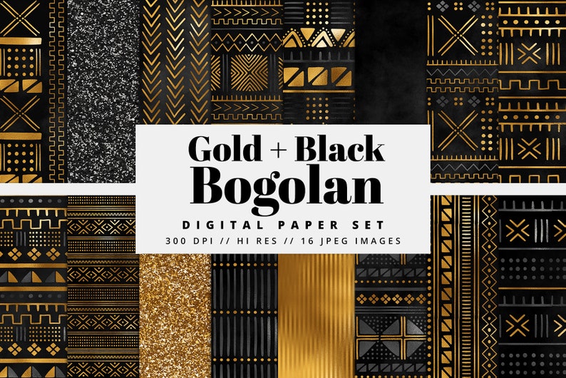 Black & Gold Bogolan Digital Paper Mudcloth Patterns African | Etsy