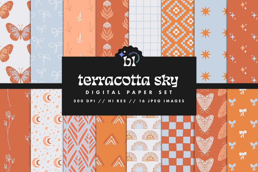 Terracotta Digital Paper Set, Retro Seamless Textures, Floral Patterns ...